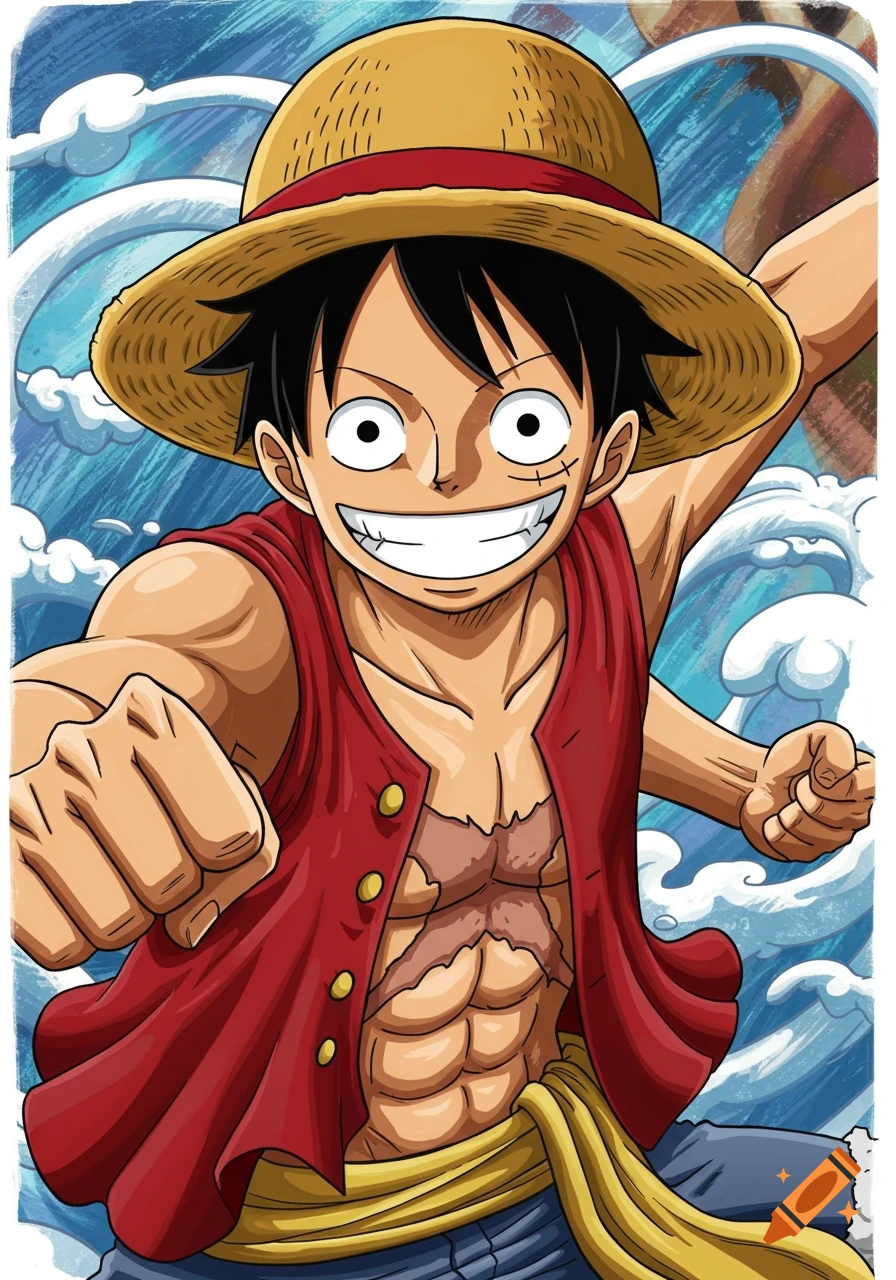 Anime illustration of Monkey D. Luffy smiling and reaching forward. on ...