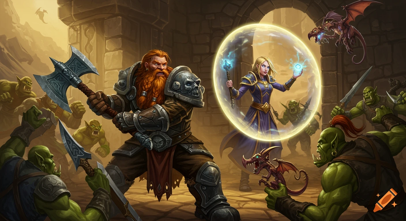 Dwarf warrior and human priest fight orcs and a dragon in a tower ...