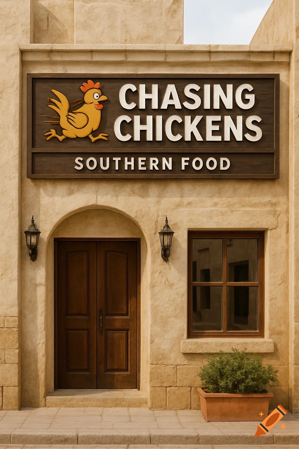 Restaurant facade with a sign that reads 'Chasing Chickens Southern ...
