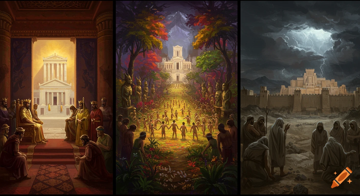 Triptych illustration depicting three scenes: a throne room, people in ...