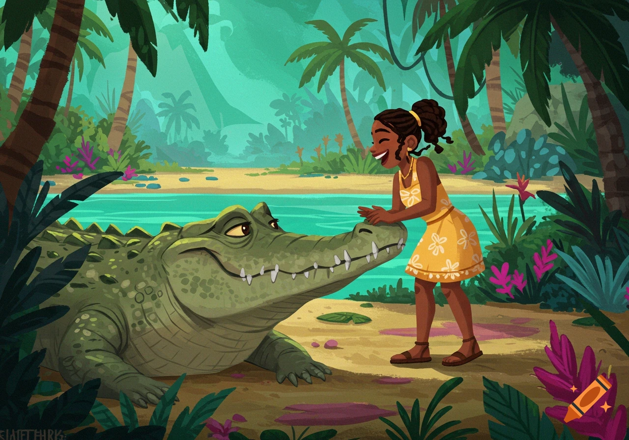 Cartoon illustration of a girl smiling at a friendly alligator in a ...