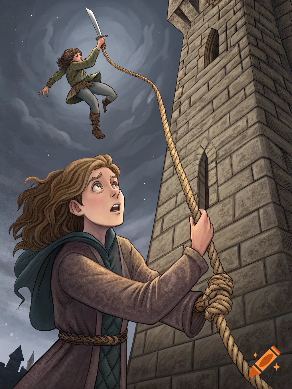 Digital illustration of a character holding a rope and looking down at ...
