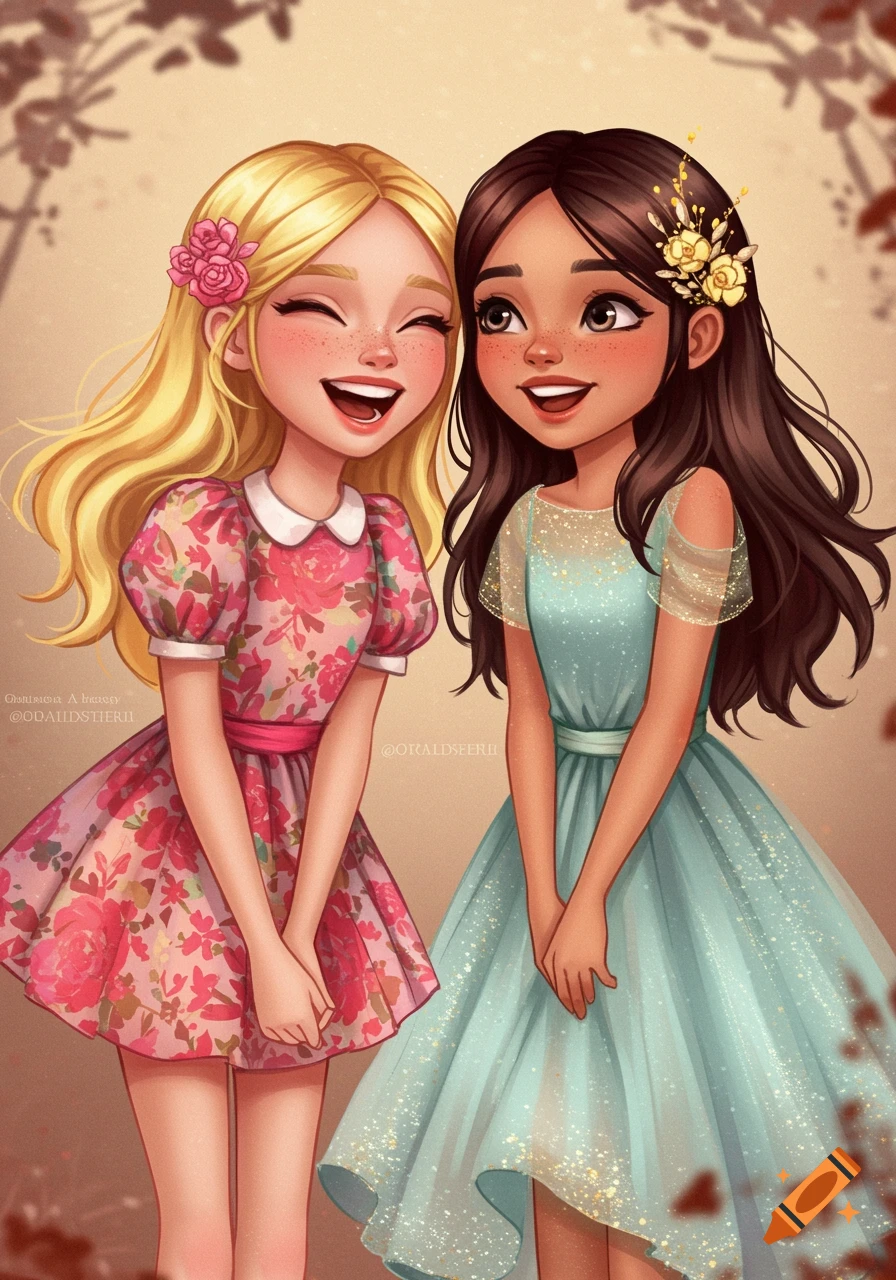 Two smiling cartoon girls in floral and blue dresses. on Craiyon