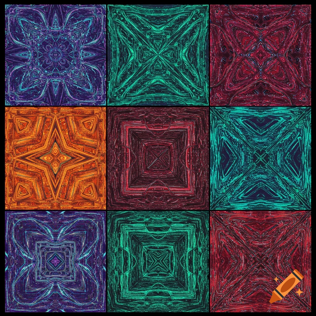 A 3x3 grid of abstract, colorful, symmetrical patterns. on Craiyon