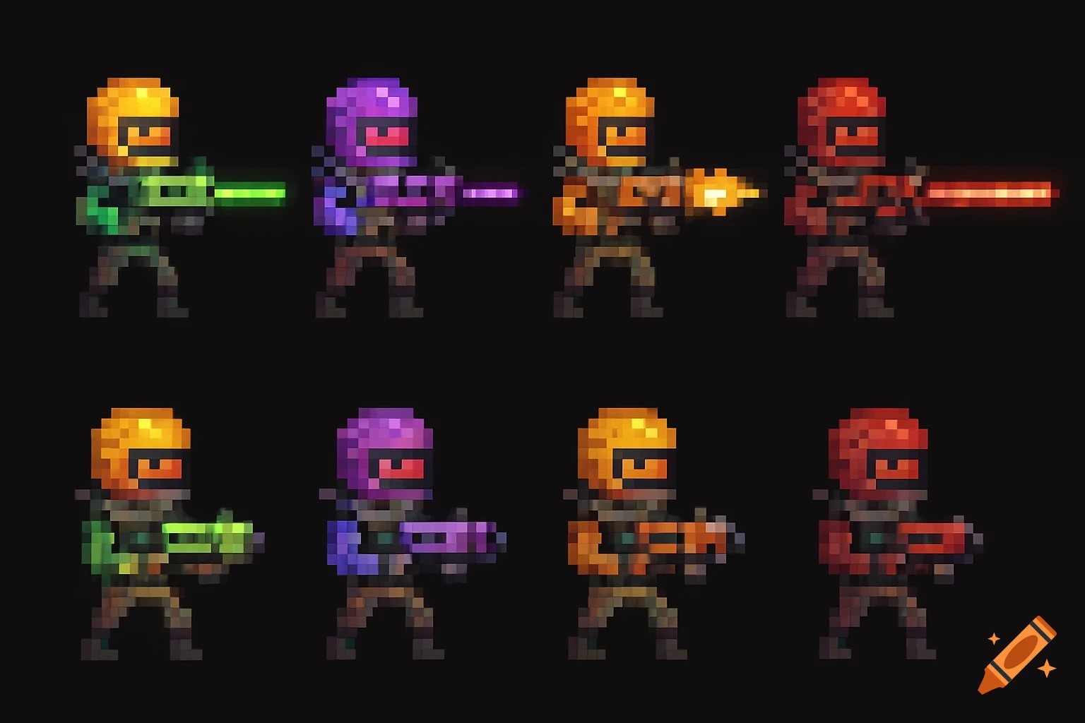 Pixel art sprites of characters in space suits holding laser guns. on ...