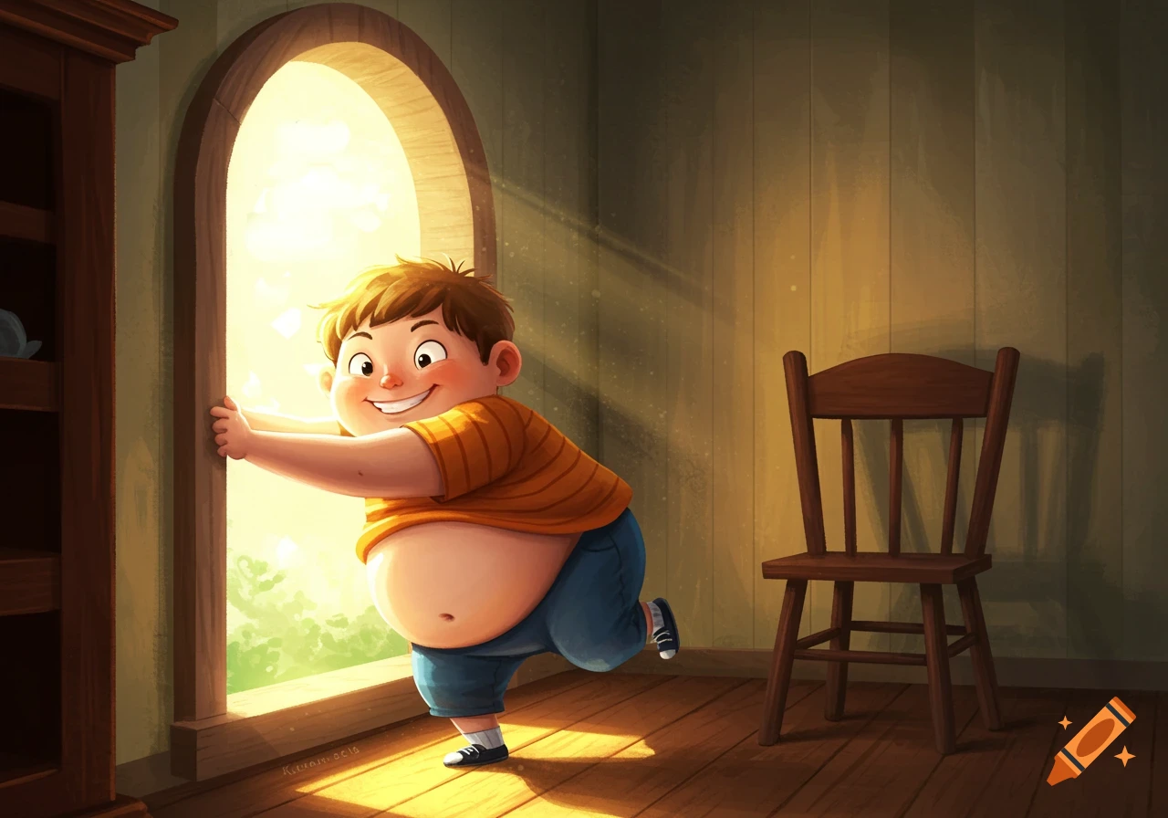 Cartoon boy reaching through a brightly lit window on Craiyon