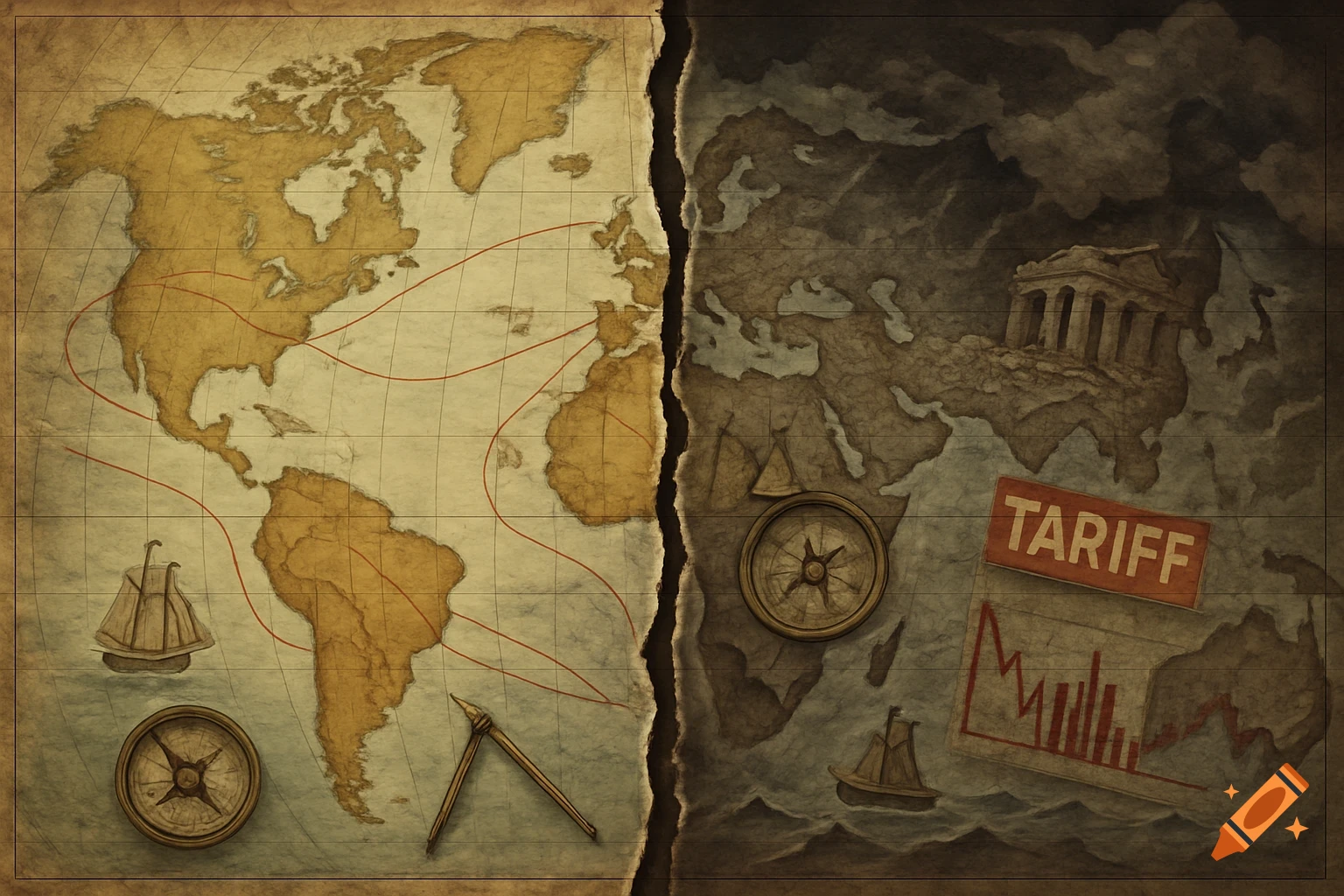 A weathered world map torn in half, showing calm trade routes on one ...