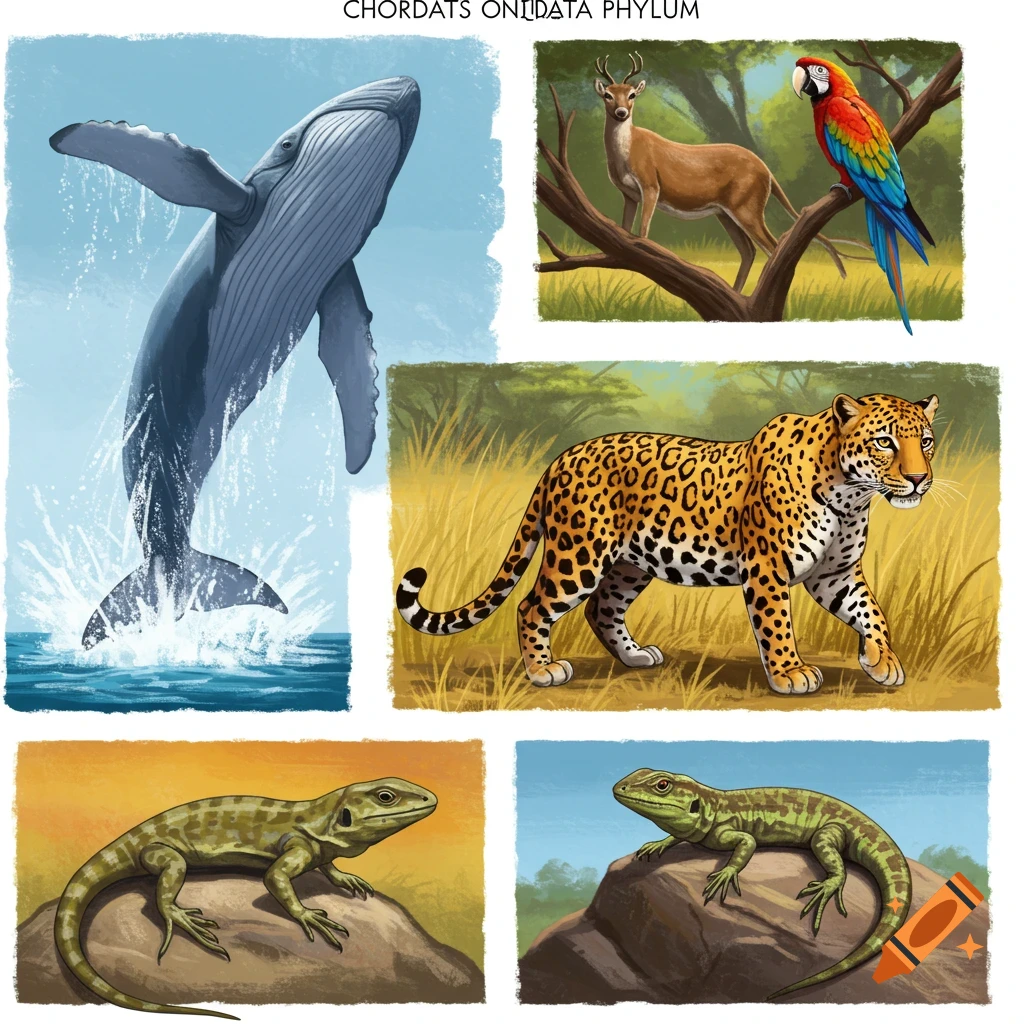 Illustration collage of a breaching whale, deer, macaw, jaguar, and two ...