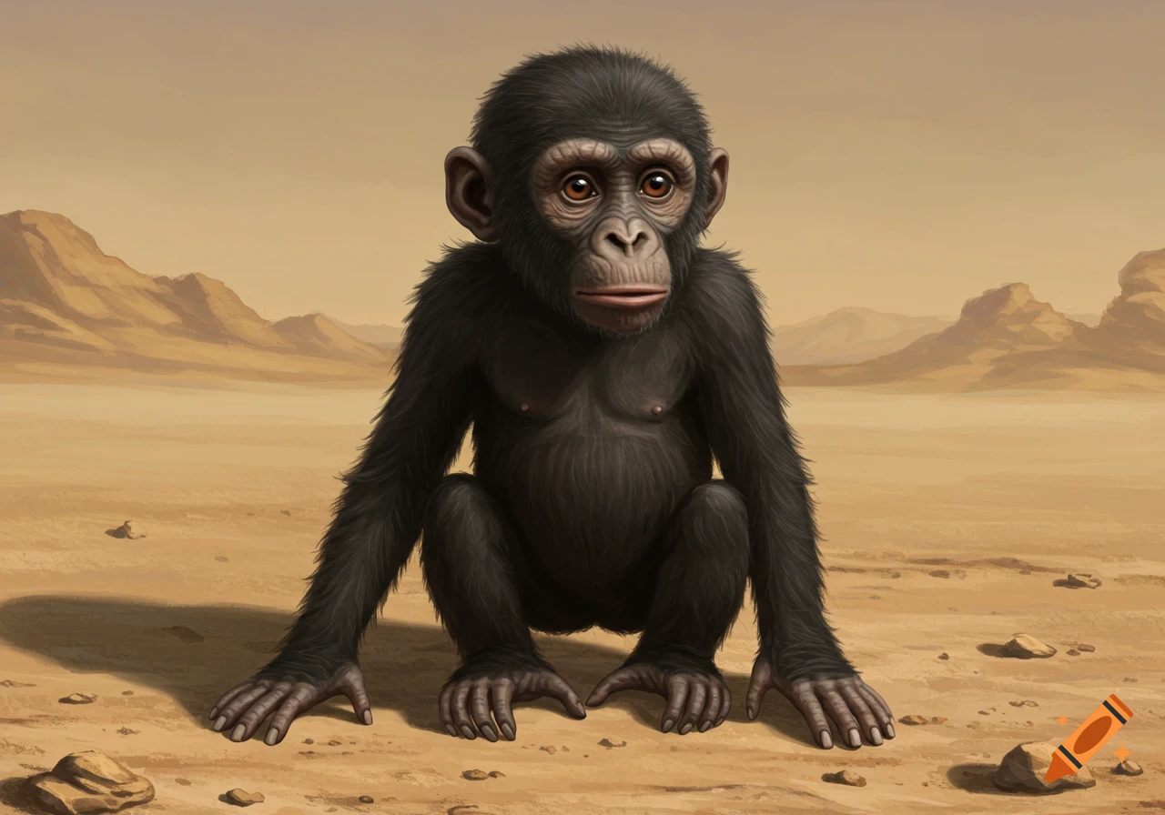 A small ape with dark fur sits in an arid desert landscape. on Craiyon