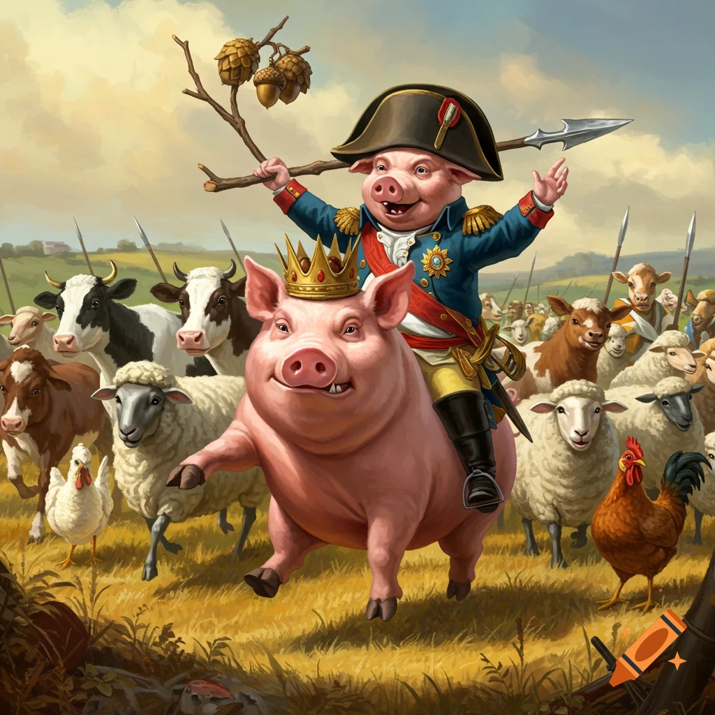 A pig in military uniform rides a larger pig, leading an army of farm ...
