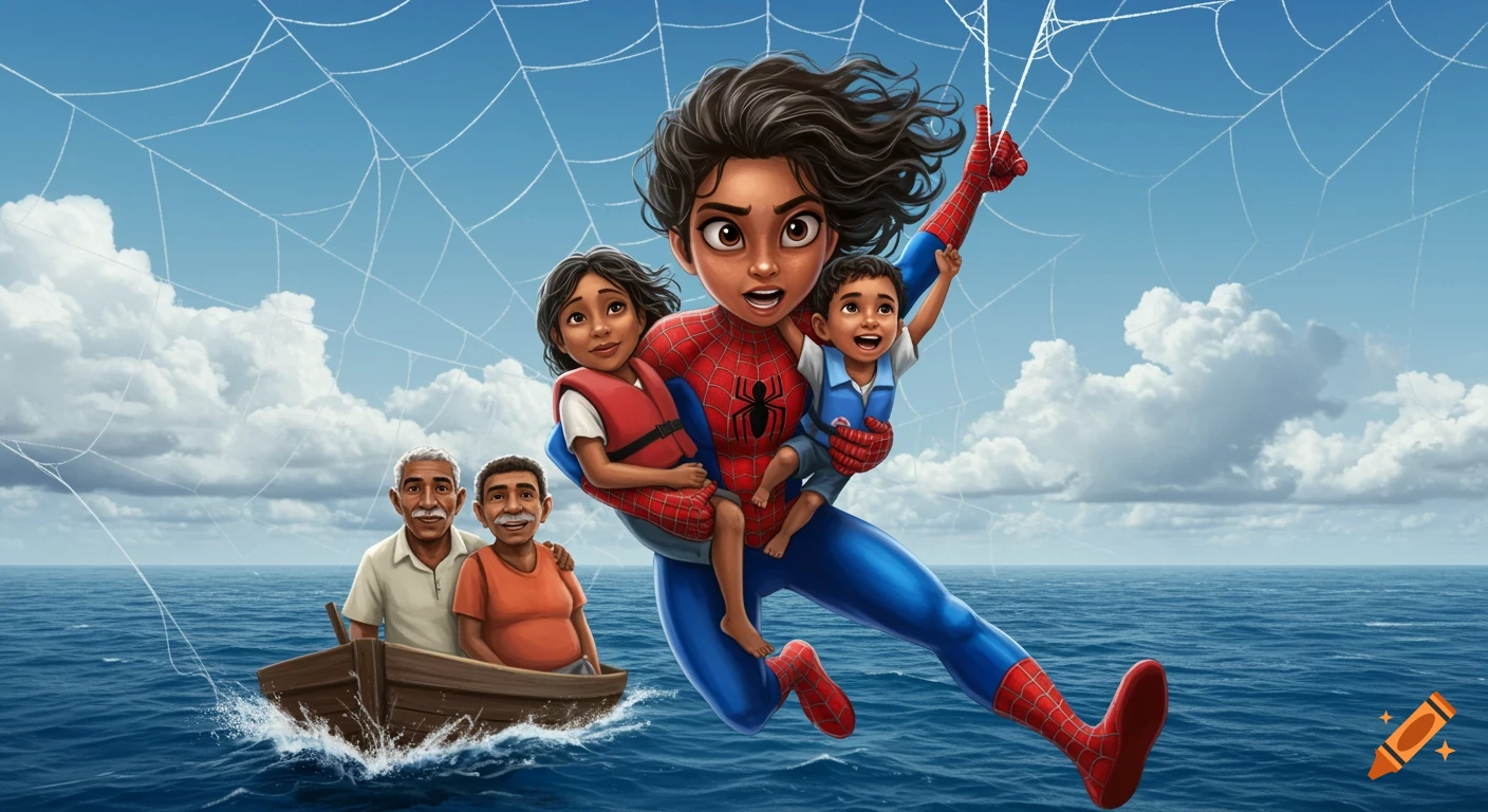 Illustrated Spiderman carrying two children while flying over the ocean ...