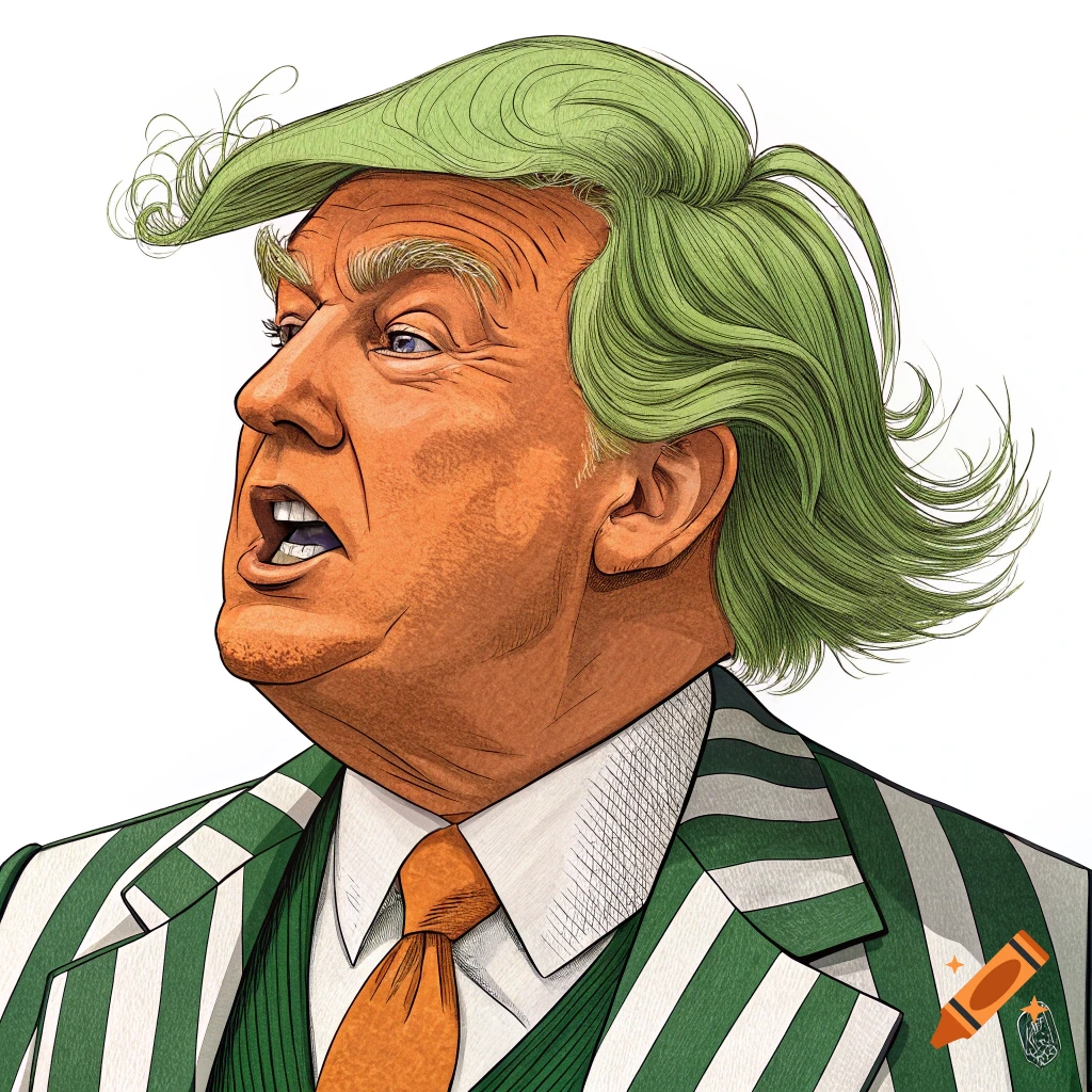 Caricature of Donald Trump with orange skin, green hair, and a striped ...