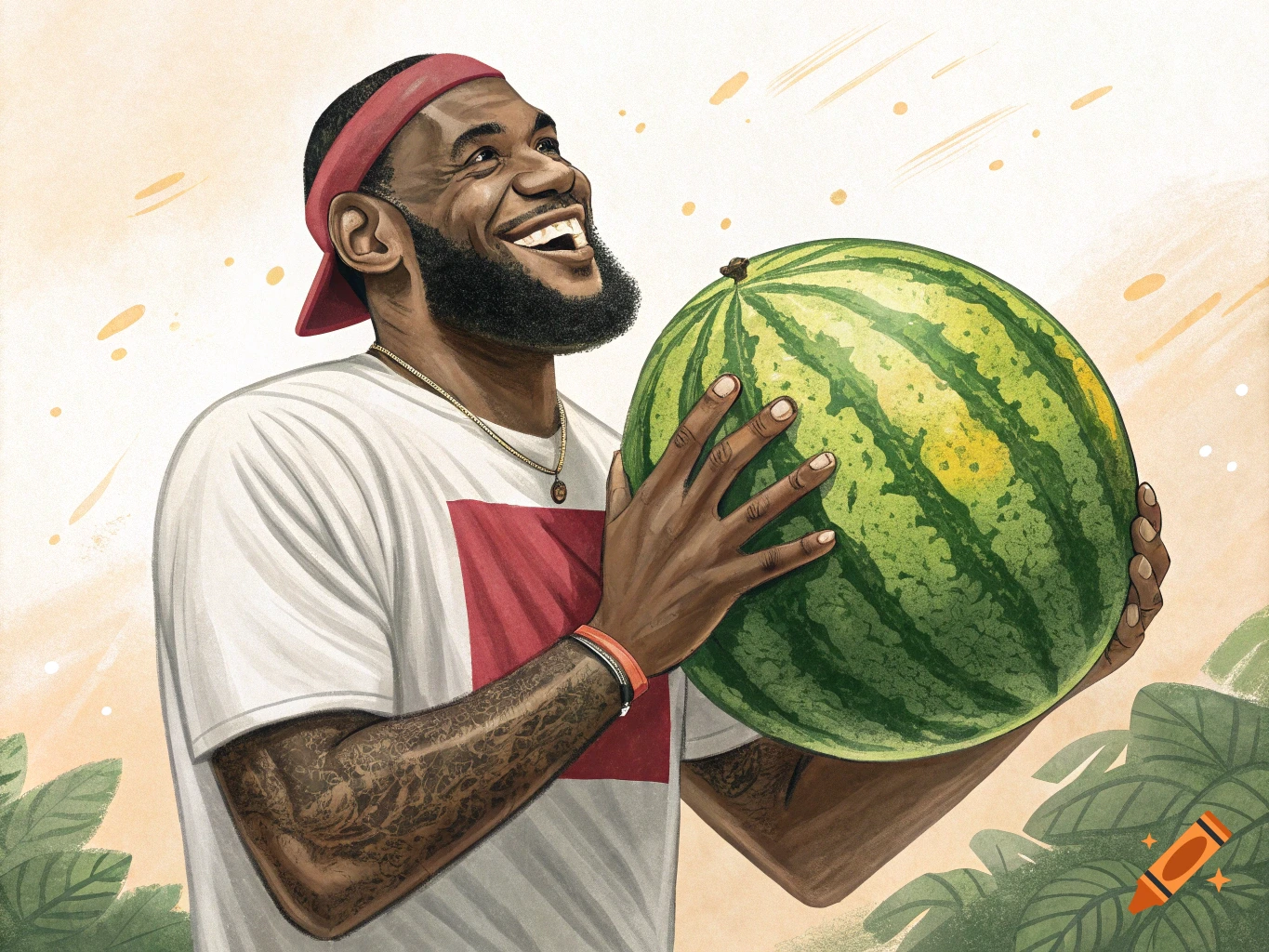 Illustration of LeBron James smiling and holding a large watermelon. on ...