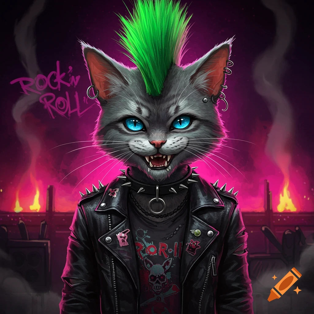 Grey tabby cat with green mohawk, piercings, and leather jacket in a ...