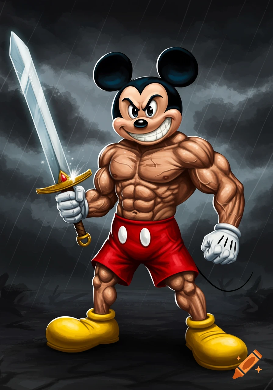 Muscular Mickey Mouse stands with a sword in a dark, stormy setting. on ...