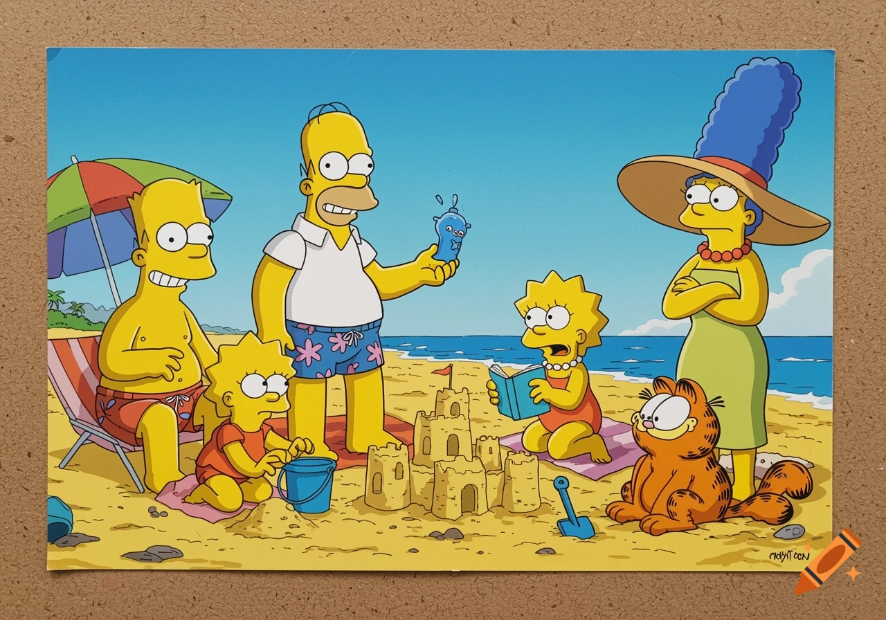The Simpsons family and Garfield on a beach with a sandcastle. on Craiyon