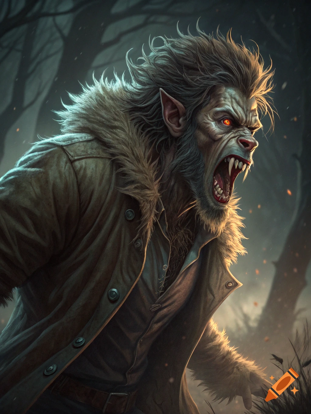 Close up of a snarling werewolf with glowing eyes and furry coat in a ...