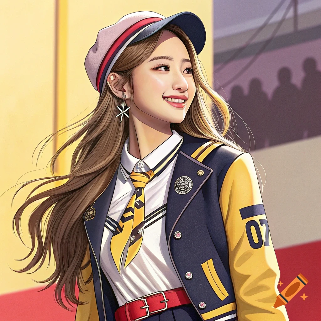 Anime portrait of a girl in a school uniform and varsity jacket ...