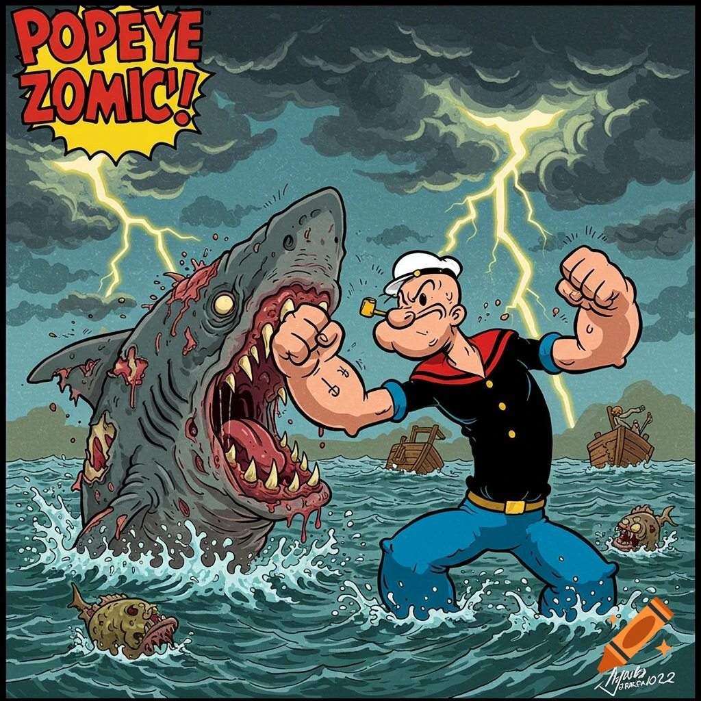 Popeye punches a zombie shark during a lightning storm in a comic book ...