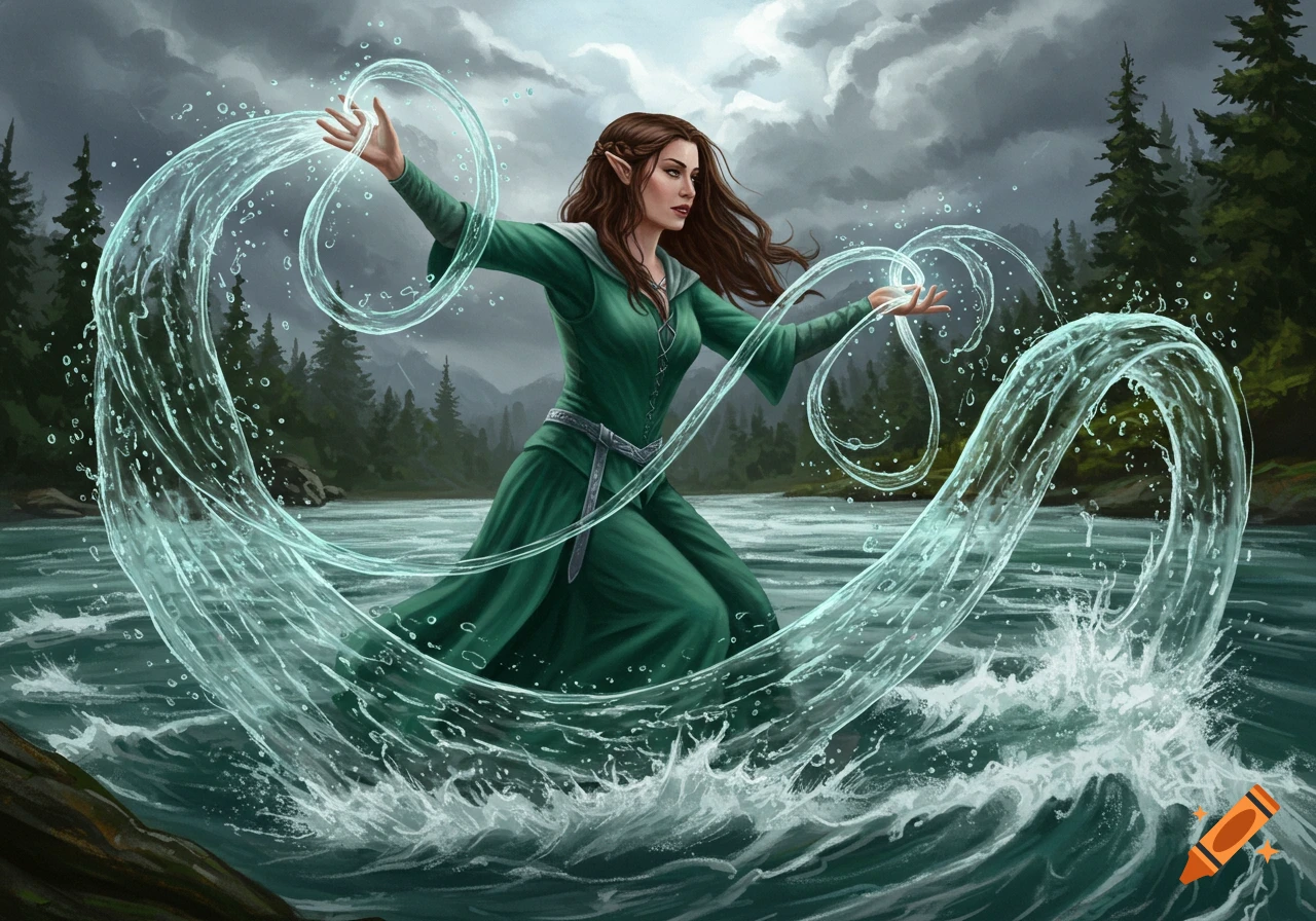 An elf-like woman in a green dress controls threads of water over a ...