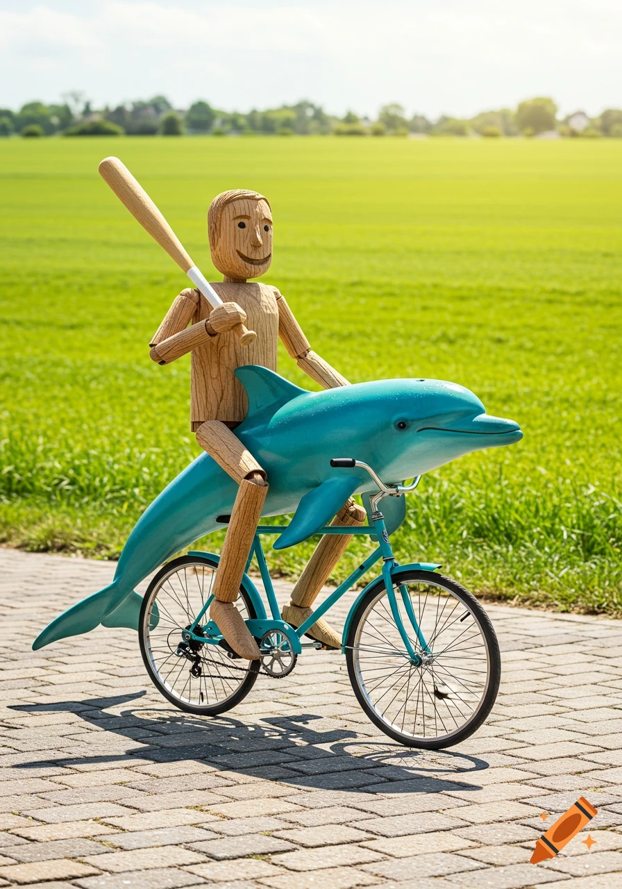 A wooden figure holding a baseball bat rides a dolphin that is riding a ...