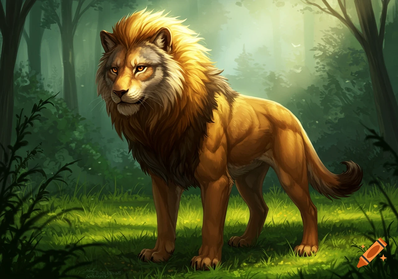 A fantasy creature resembling a lion and wolf stands in a sunlit forest ...