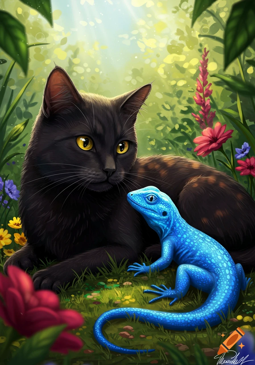 A black cat and a blue lizard face each other in a sunny garden. on Craiyon