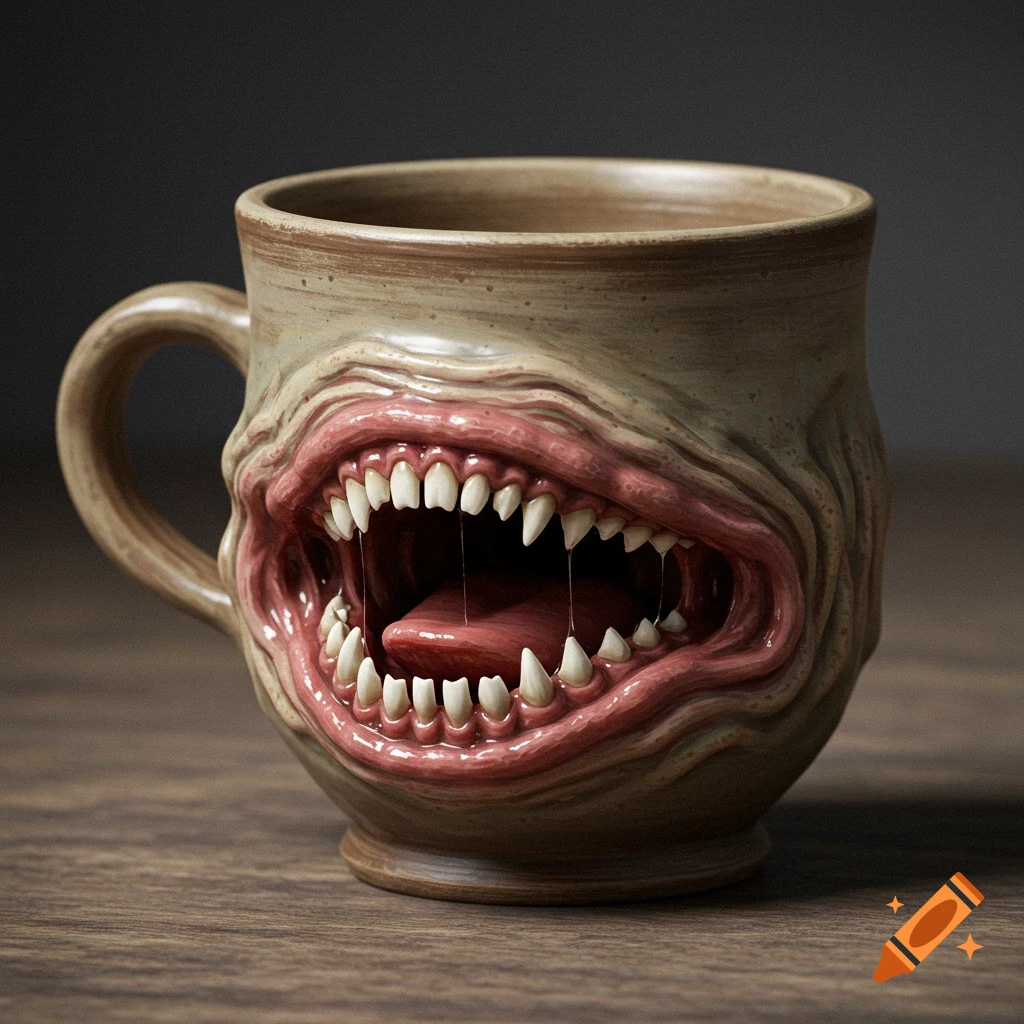 Photorealistic ceramic mug shaped like a monster's mouth with sharp ...