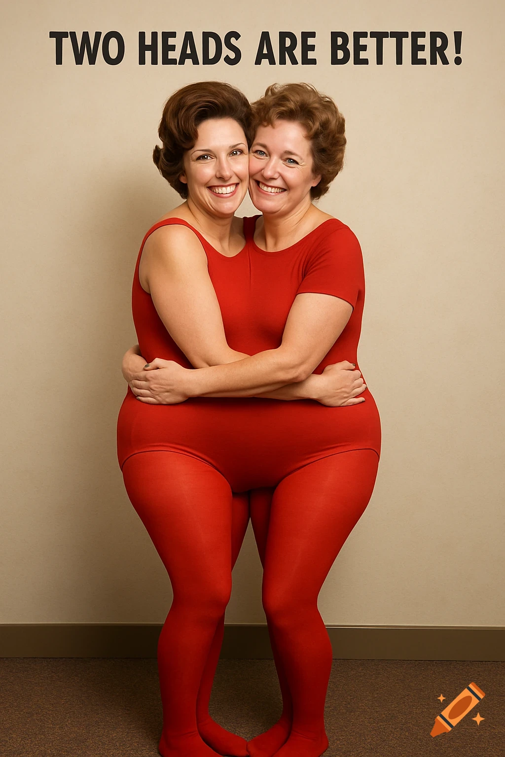 Two women with two heads merged into one body in a red leotard and ...
