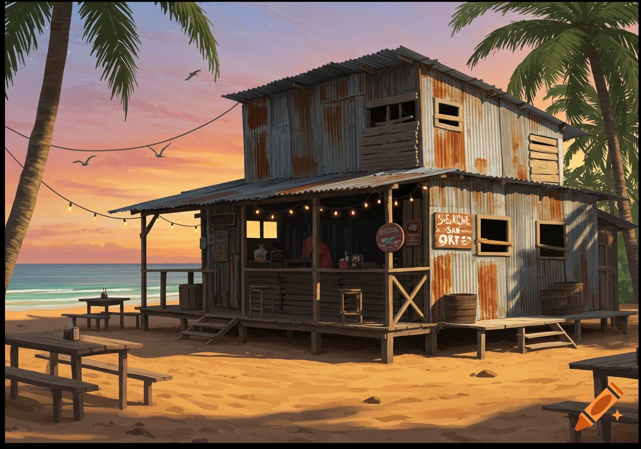 Beach shack restaurant on a sandy beach at sunset with palm trees. on ...