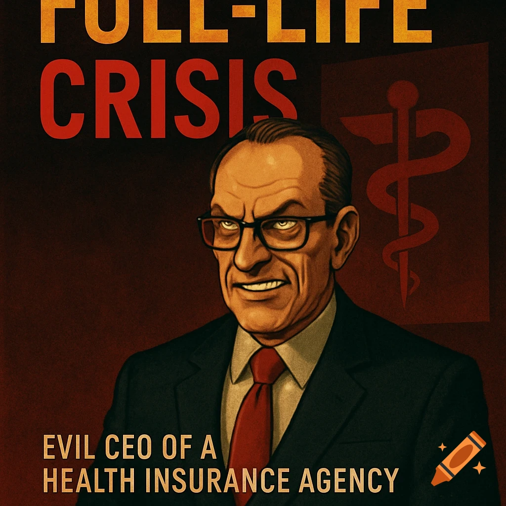 Stylized portrait of a sinister CEO in a suit, with 'Full-Life Crisis ...