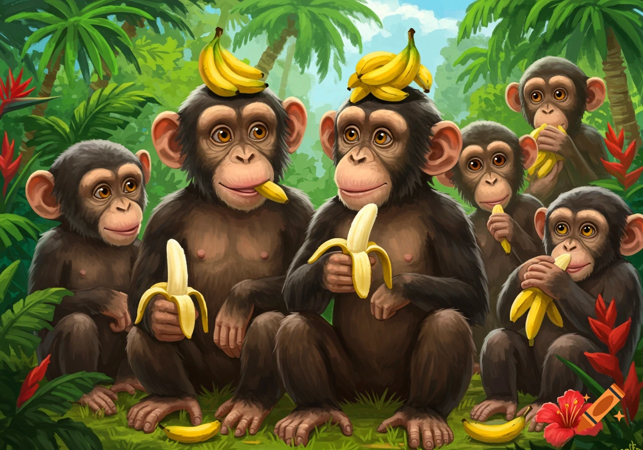 Several cartoon chimpanzees eating bananas in a jungle, digital ...