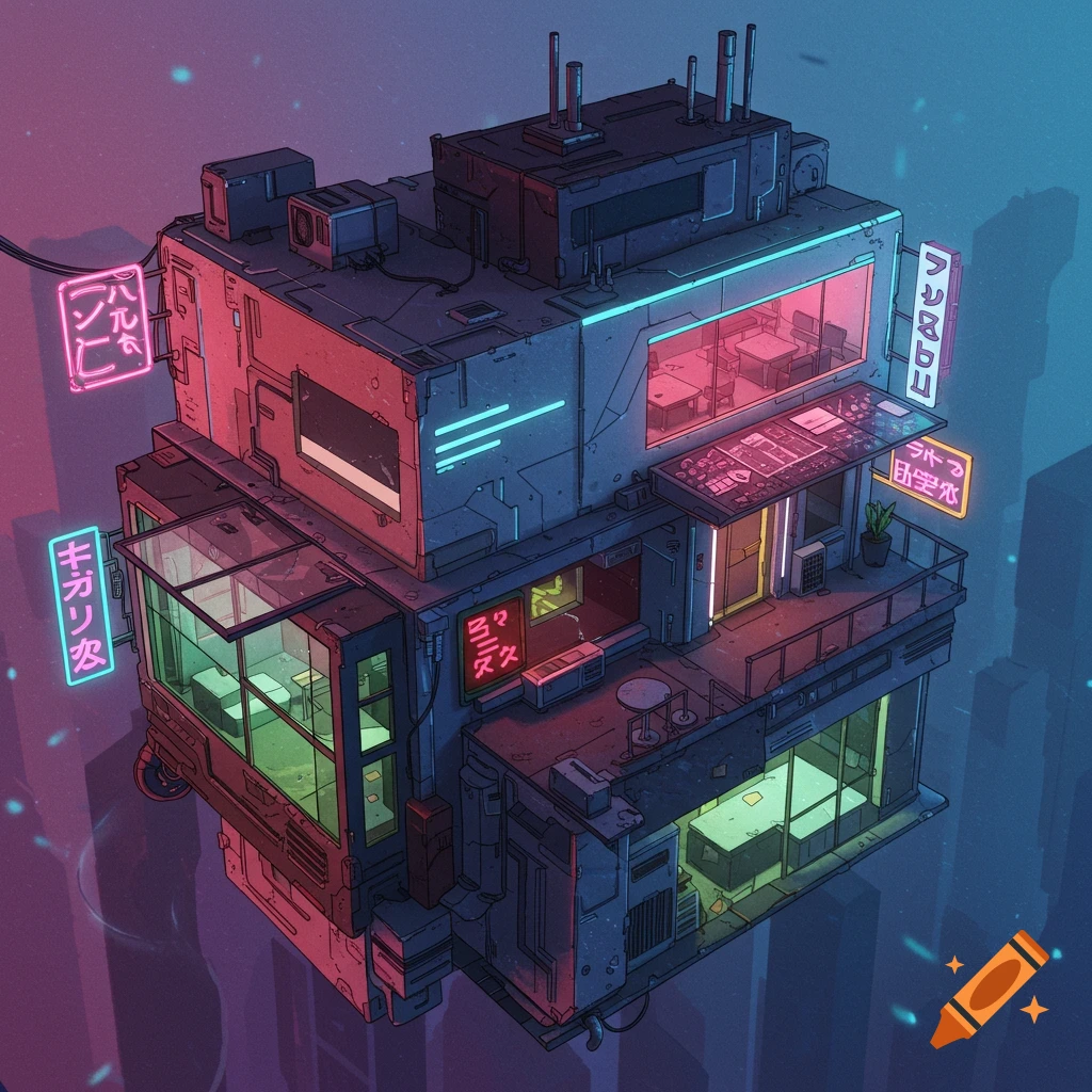 A floating futuristic cyberpunk building with neon signs. on Craiyon