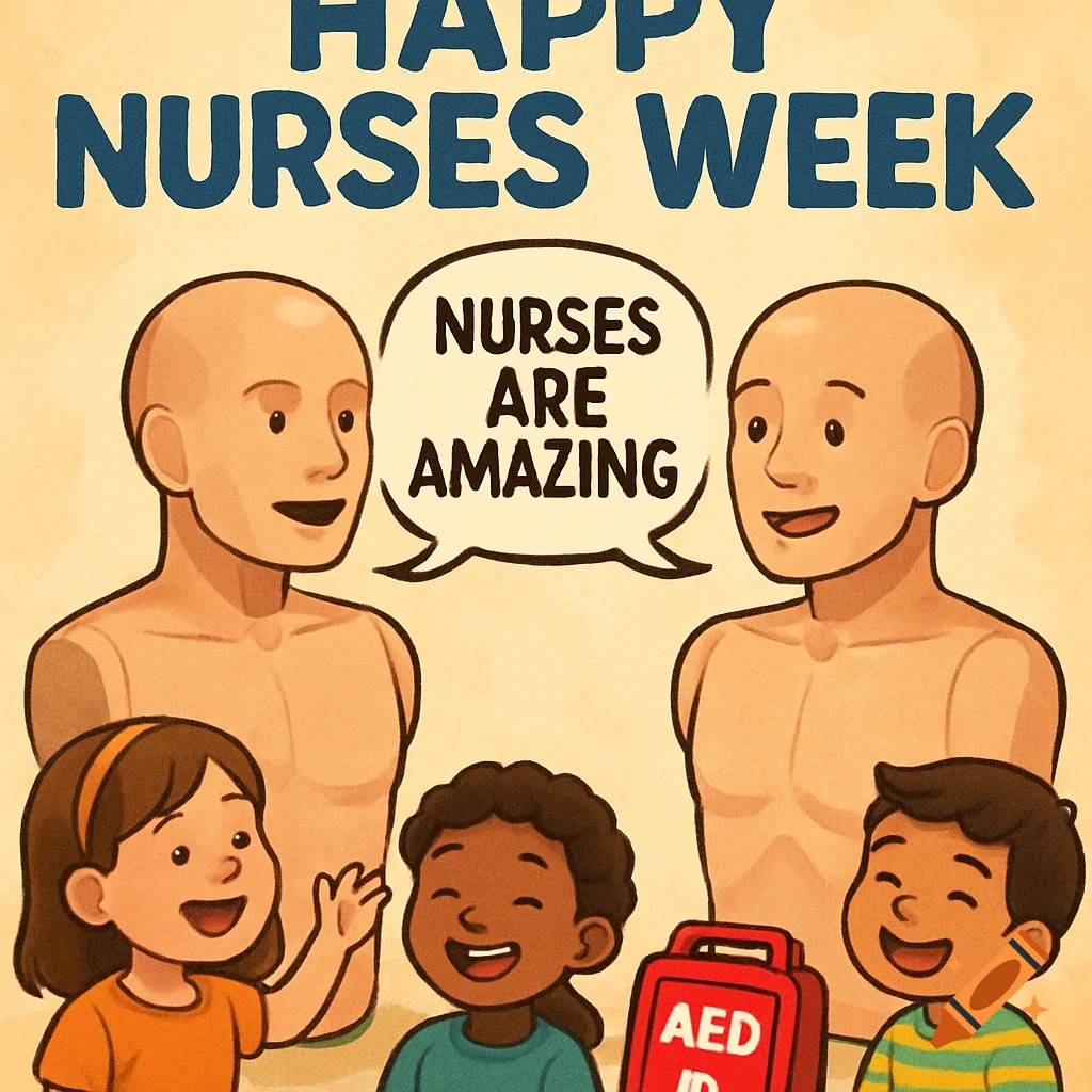 Cartoon illustration of children and CPR mannequins with text 'Happy ...