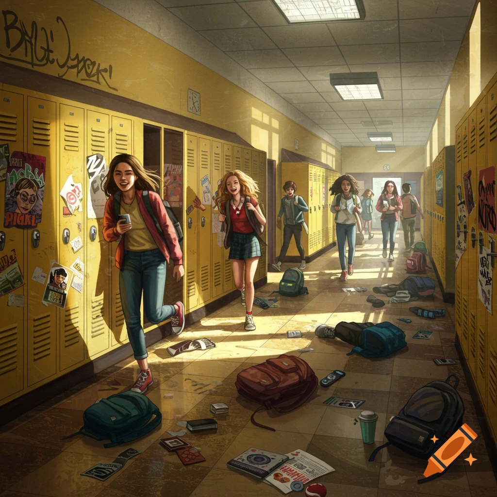 Messy high school hallway with students running, backpacks scattered ...