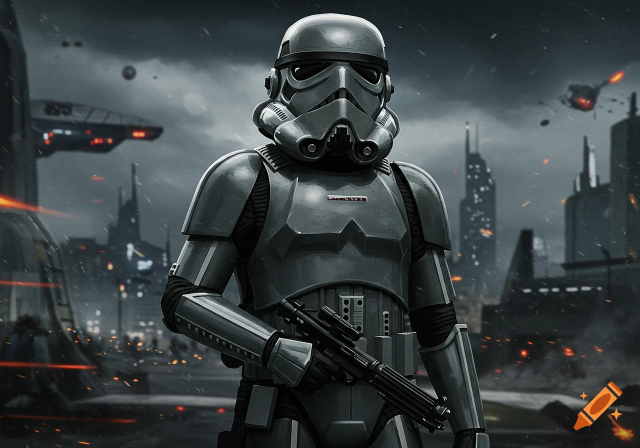 A Stormtrooper in dark gray armor stands with a rifle in a futuristic ...