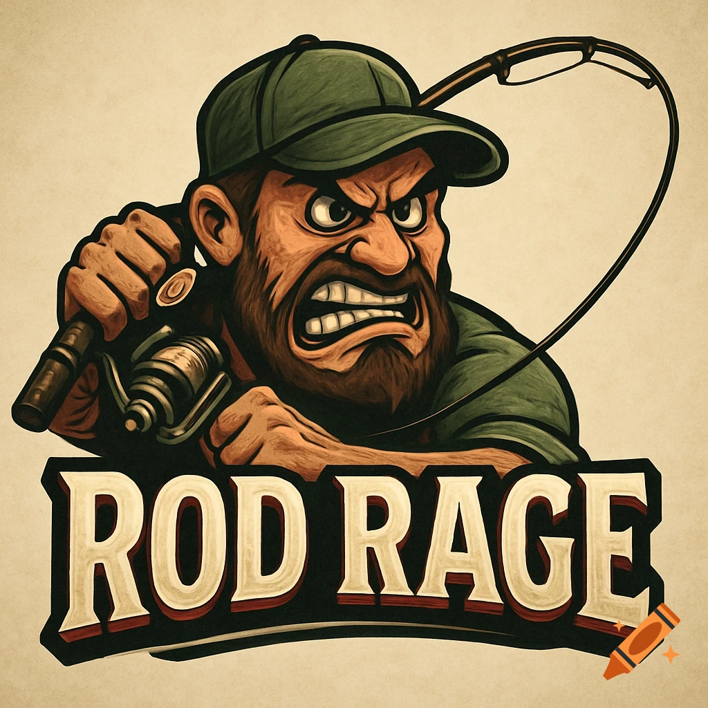 Cartoon logo of an angry man in a baseball cap holding a fishing rod, with text "ROD RAGE". on ...