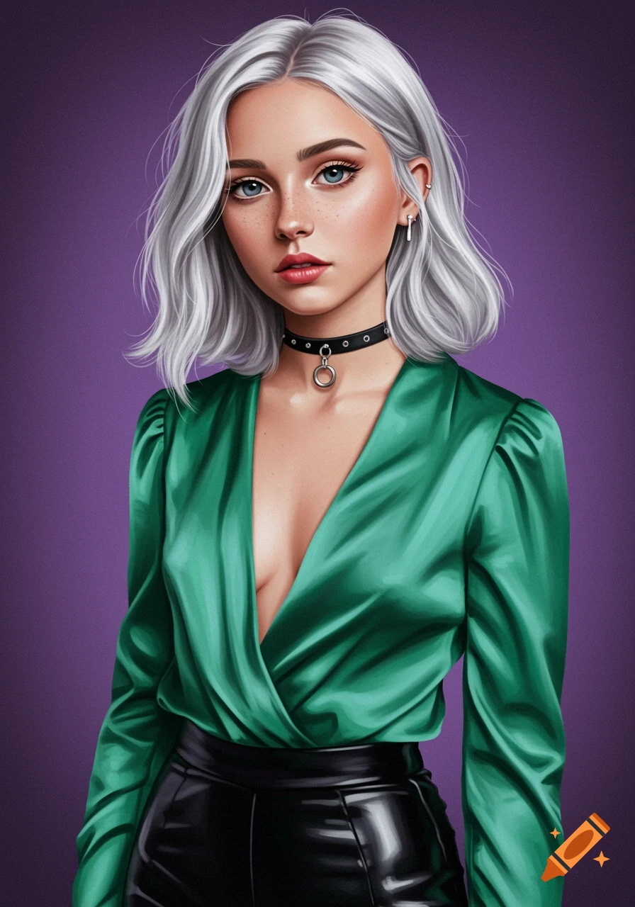 Stylized digital portrait of a young woman with silver hair in a green ...