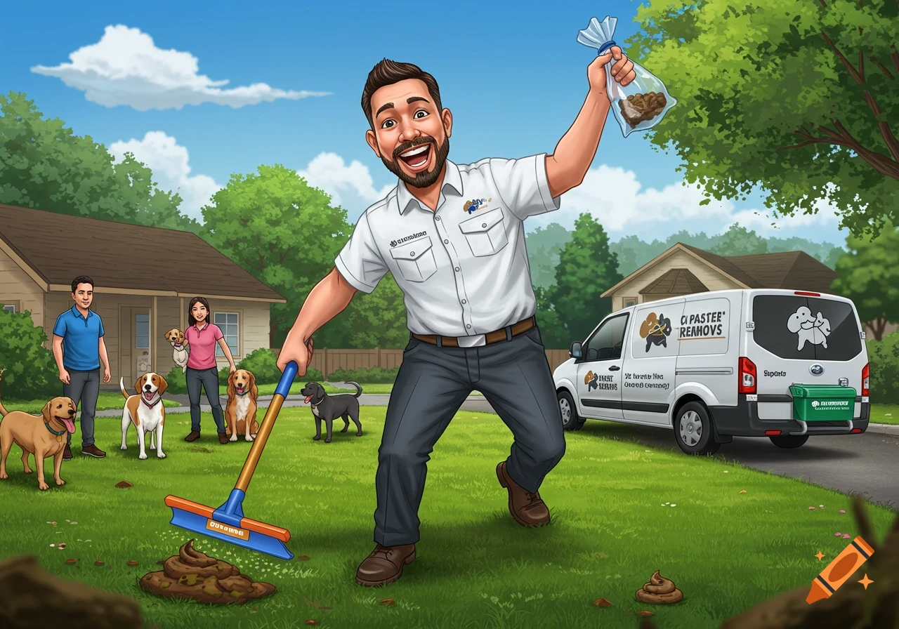 Cartoon illustration of a man scooping dog poop in a yard, holding a ...