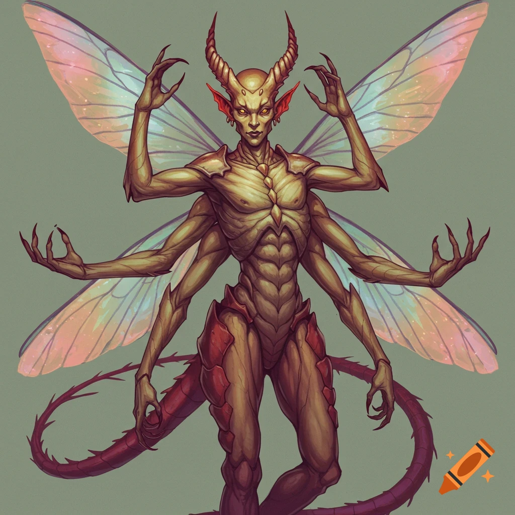 A fantasy illustration of a multi-armed, winged, horned creature with a ...