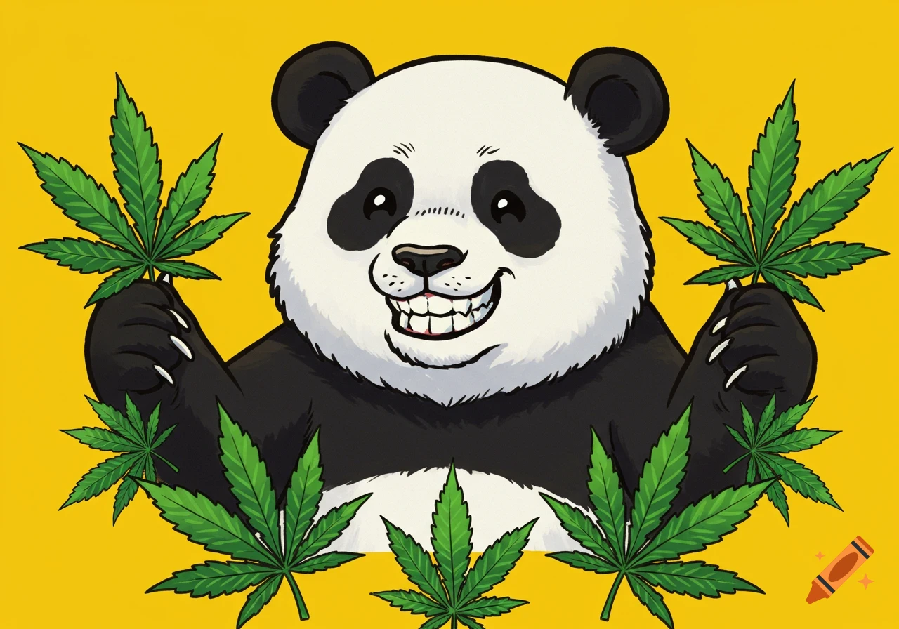 Cartoon of a smiling panda surrounded by green cannabis leaves on a ...