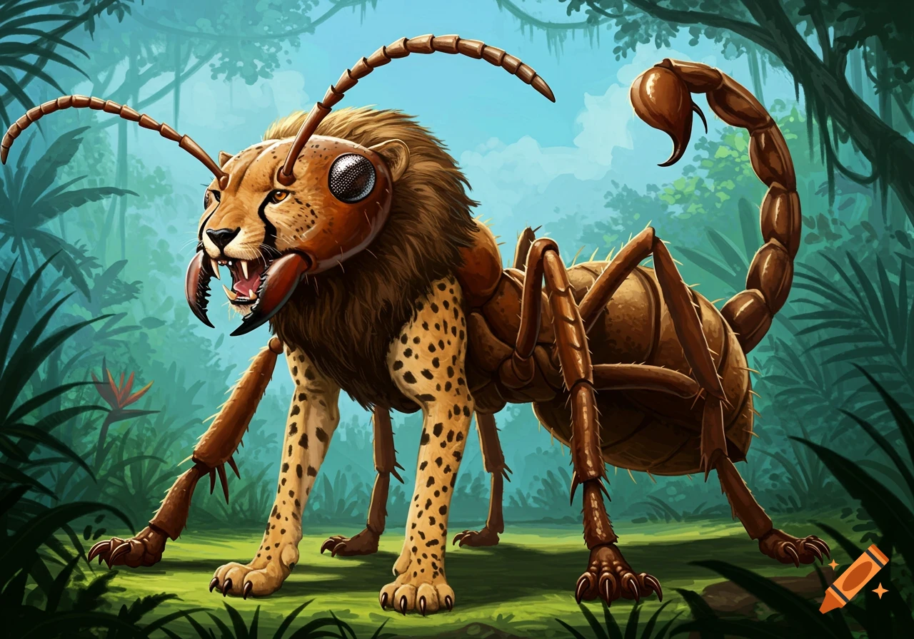 A hybrid creature with a cheetah's head and front legs, an ant's ...