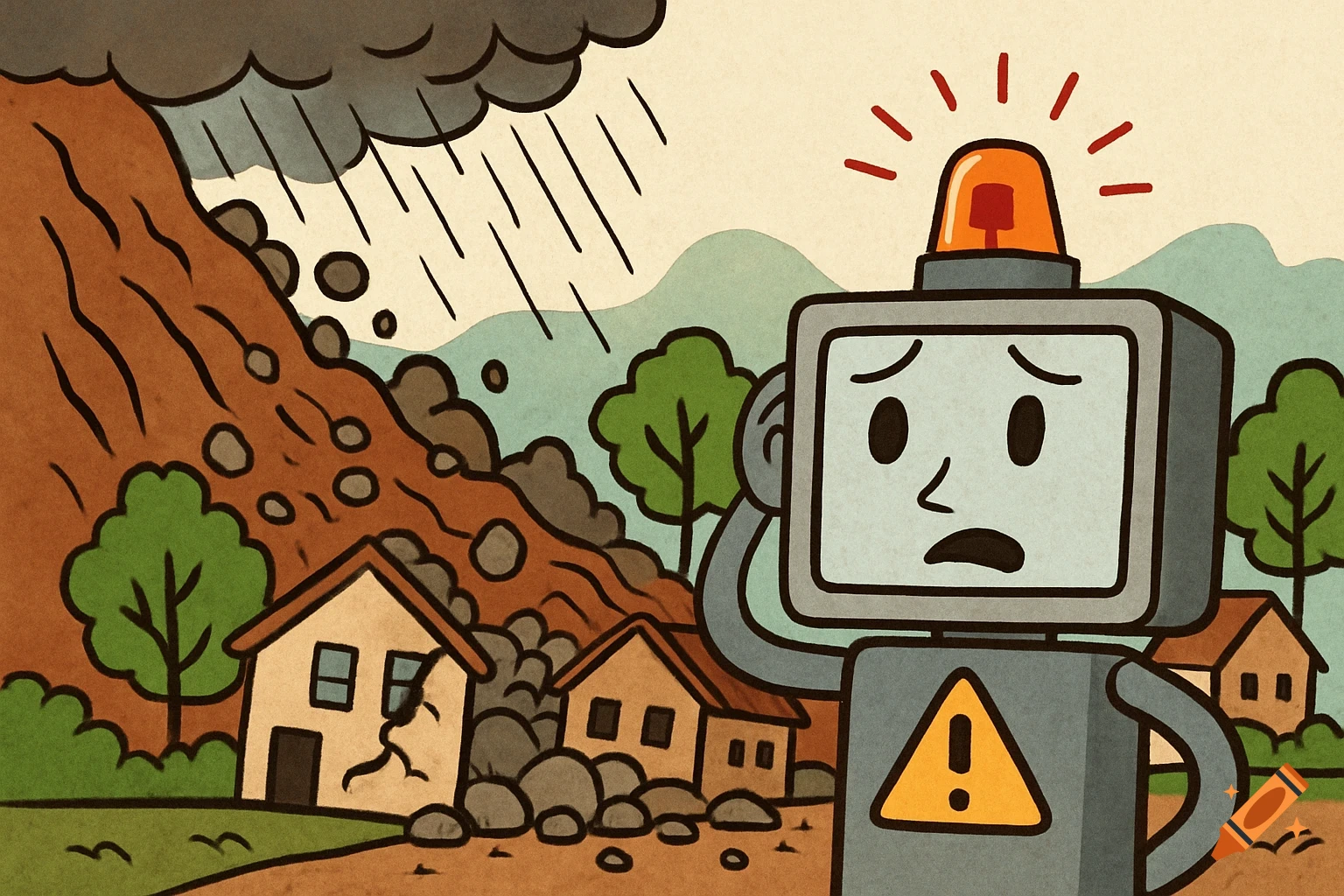 A cartoon robot looks distressed as a landslide impacts houses under a ...