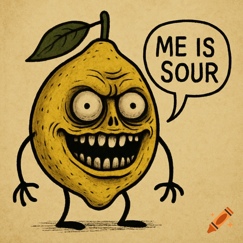 A creepy cartoon lemon character with a speech bubble saying 'ME IS ...