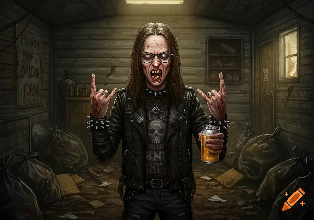 A metalhead with long hair, glasses, and sharp teeth makes rock signs ...