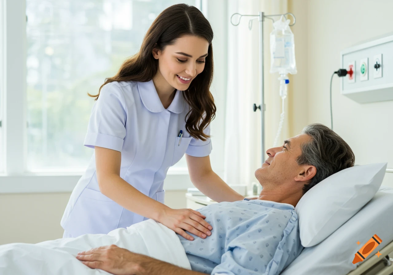 A female nurse leans over a male patient lying in a hospital bed. Photorealistic. on Craiyon