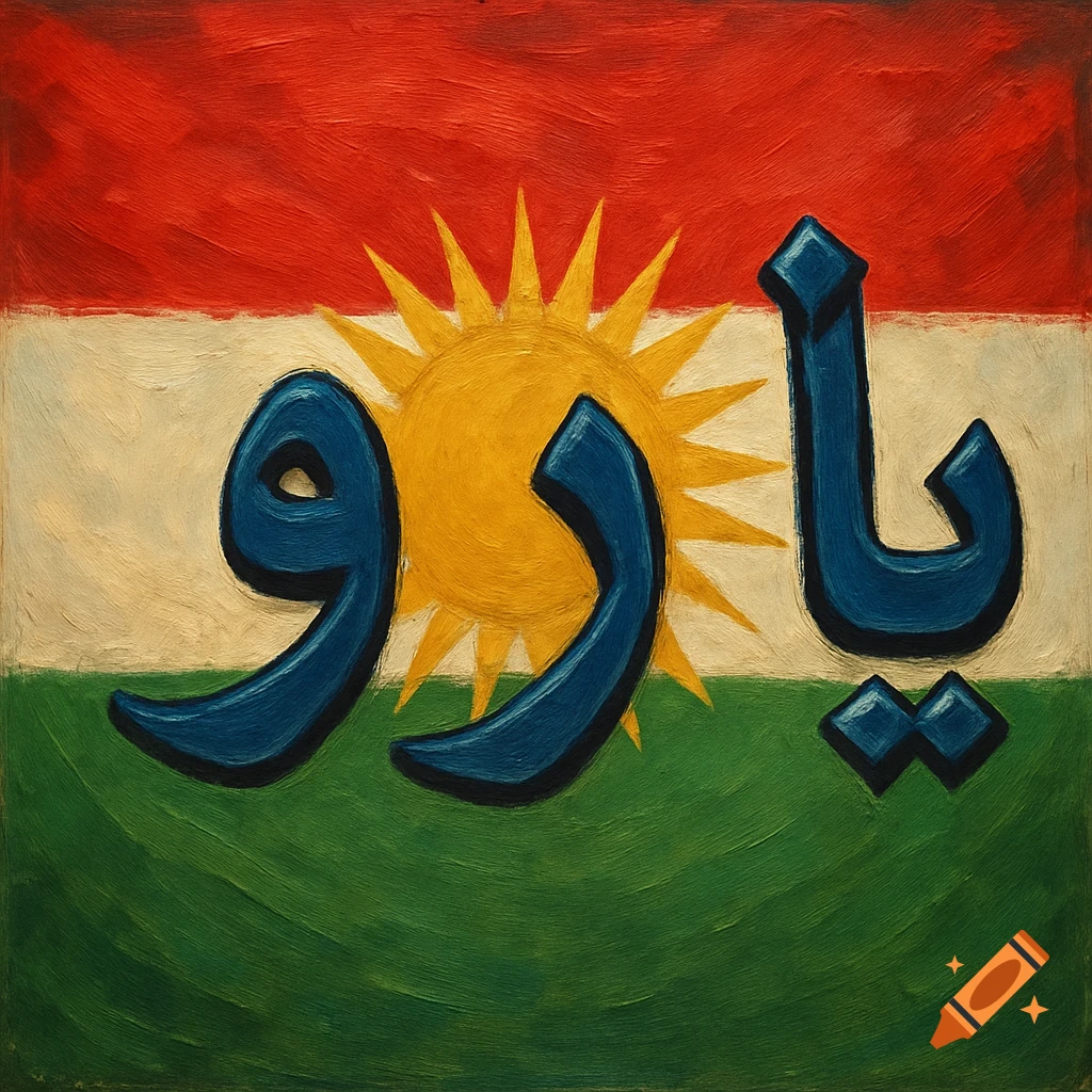 Painting of a Kurdish flag with the name Yaro in blue Kurdish script ...