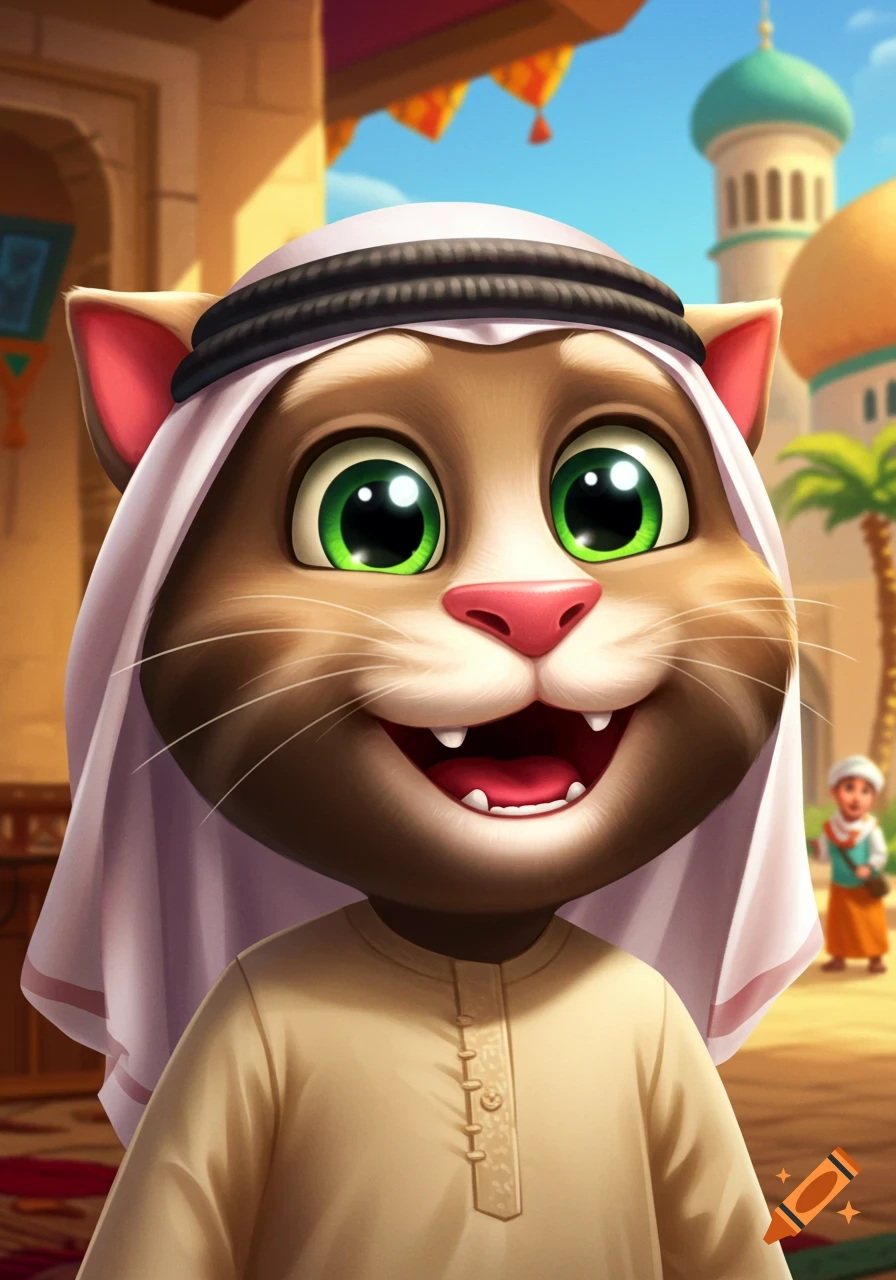 A smiling cartoon cat wearing a white ghutra and gold thobe in an ...