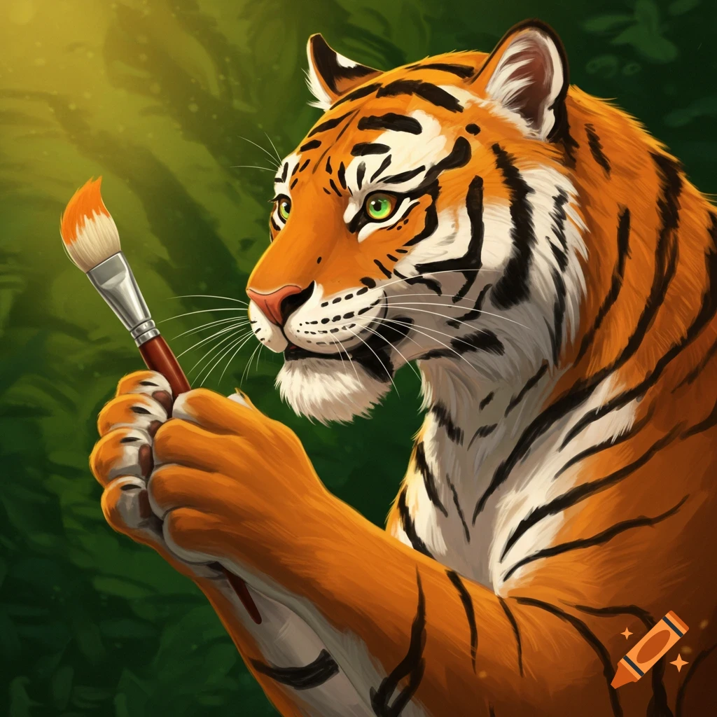 A tiger holds a paintbrush, looking ready to paint. Digital art. on Craiyon