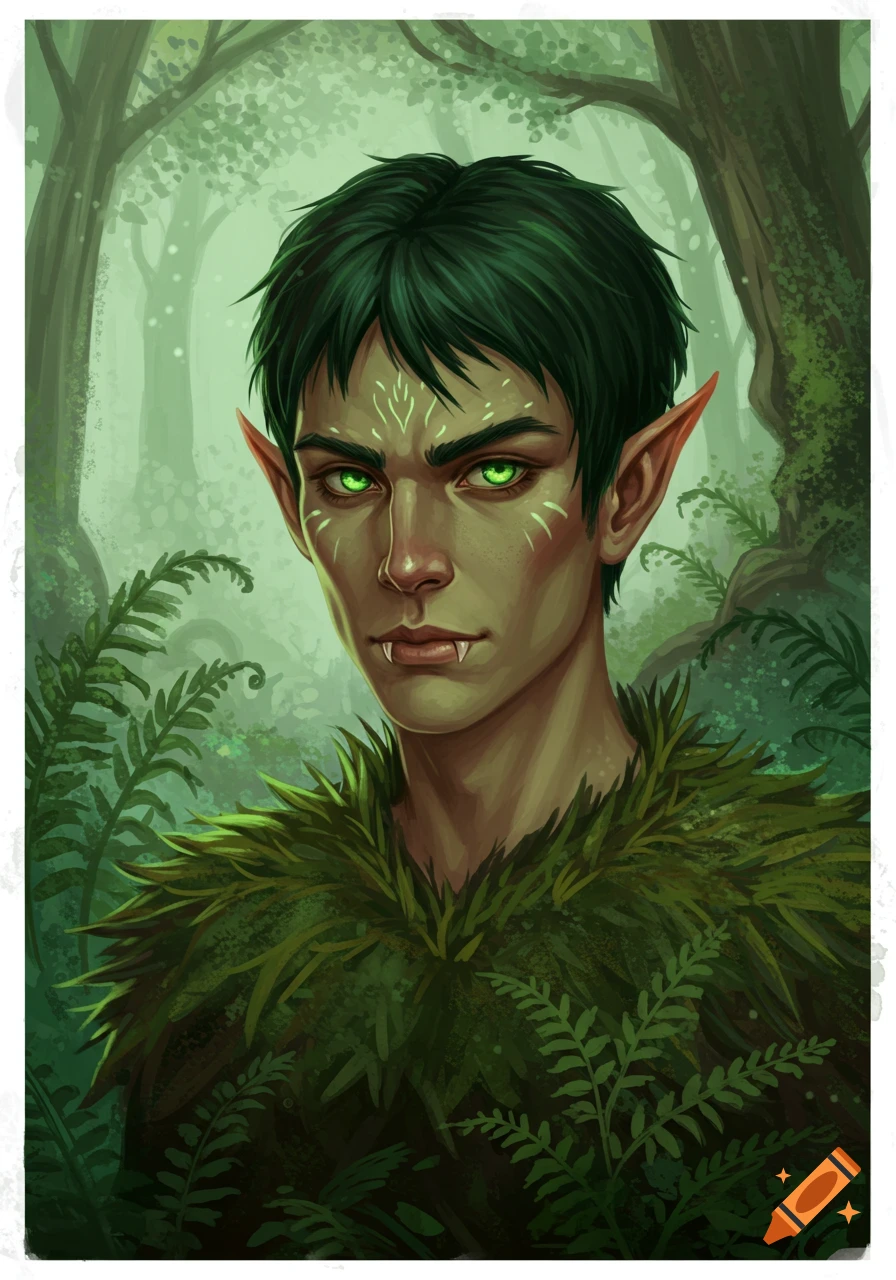 Portrait of a male forest fae with green eyes and fangs, in a forest on ...